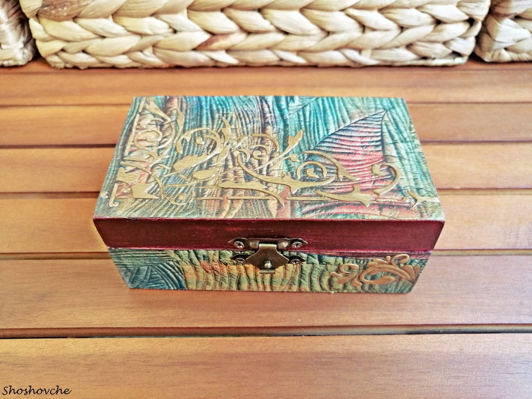 Green and Gold Feather Box Jewelry Box, Feather Trinket Jewellery Box ...