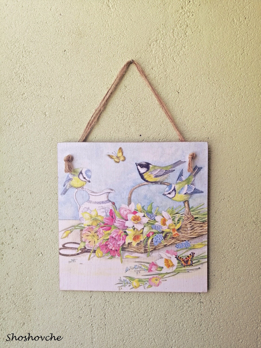 Spring Birds Wall Decor, Flower Wall Art, Decoupage Wall Hangings ...