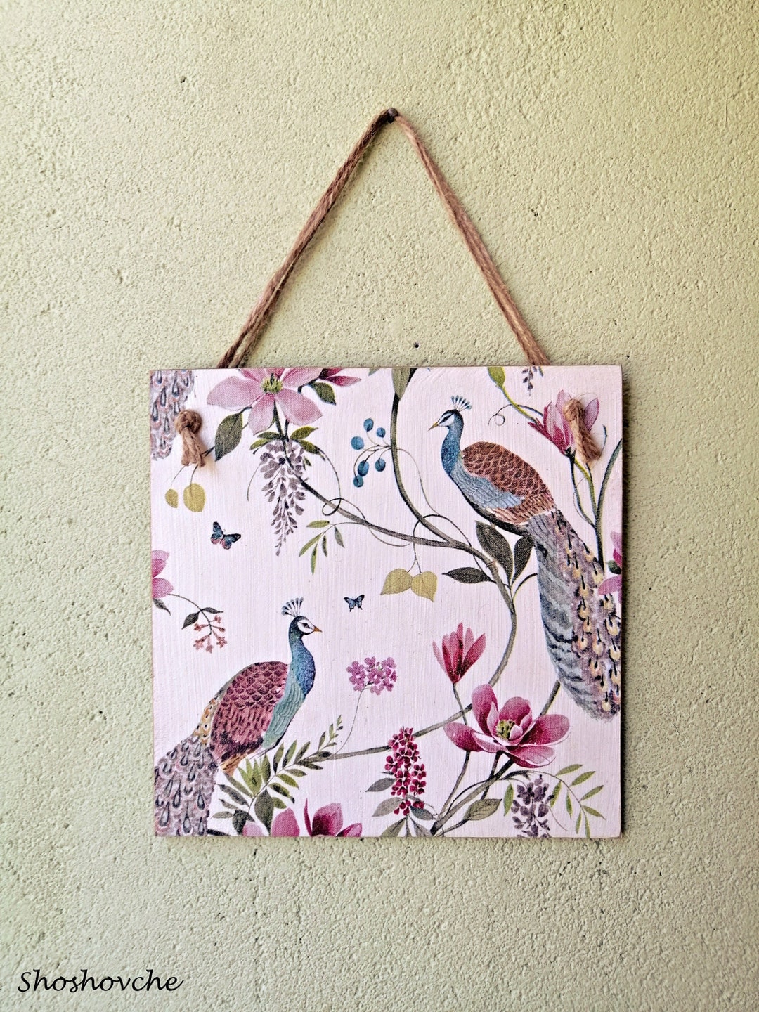 Wall Hanging Plaque/picture Peacocks Peafowls Butterfly Garden Flowers ...