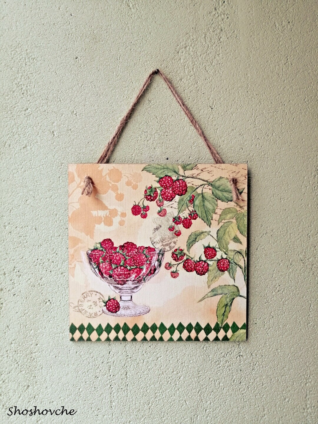 Wall Hanging Plaque/picture Red Raspberries in Cup Summer Kitchen Fruit ...