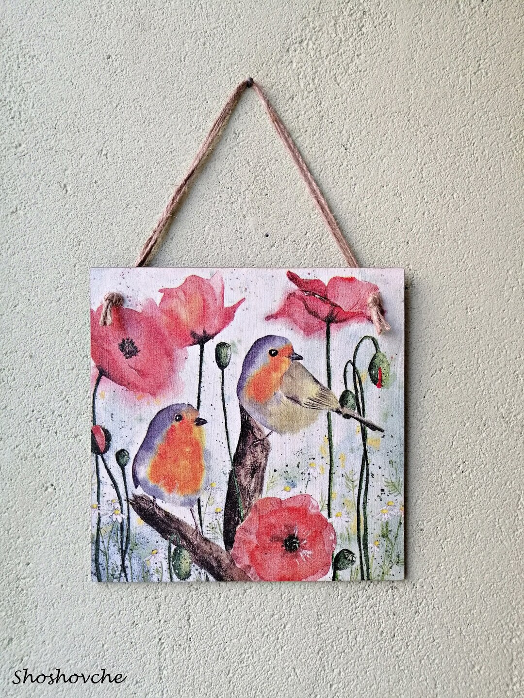 Robin Birds Red Poppy Garden Wall Hanging Plaque/picture, Bird Lover ...