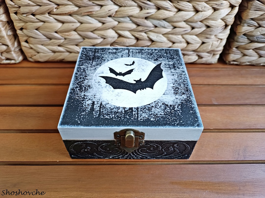 Gothic Black Bats Wooden Jewelry Box, Silvery Full Moon Keepsake Box ...