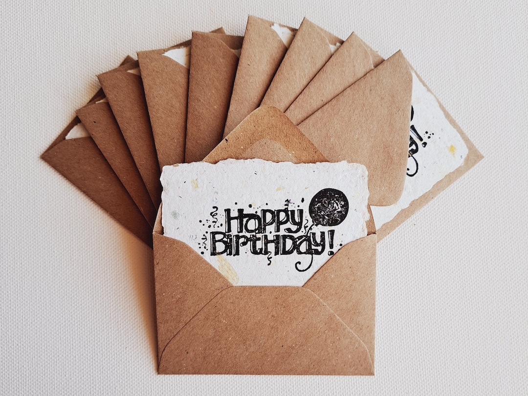 10 Mini Happy Birthday Cards and Envelopes, Handmade Recycled Paper ...
