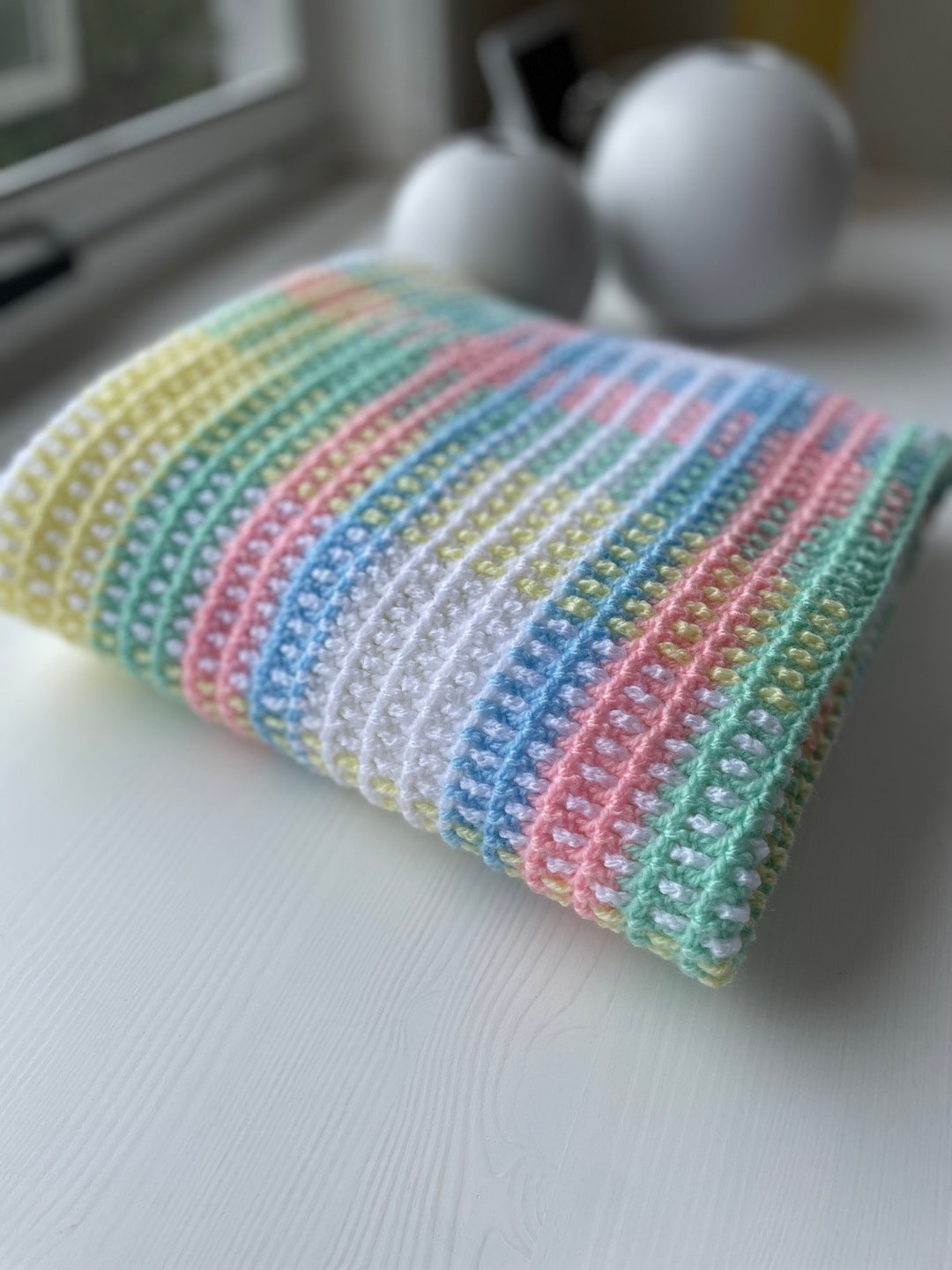 Baby Blanket Crocheted Handmade Hospital Style Gingham Pastel Pram Cot ...