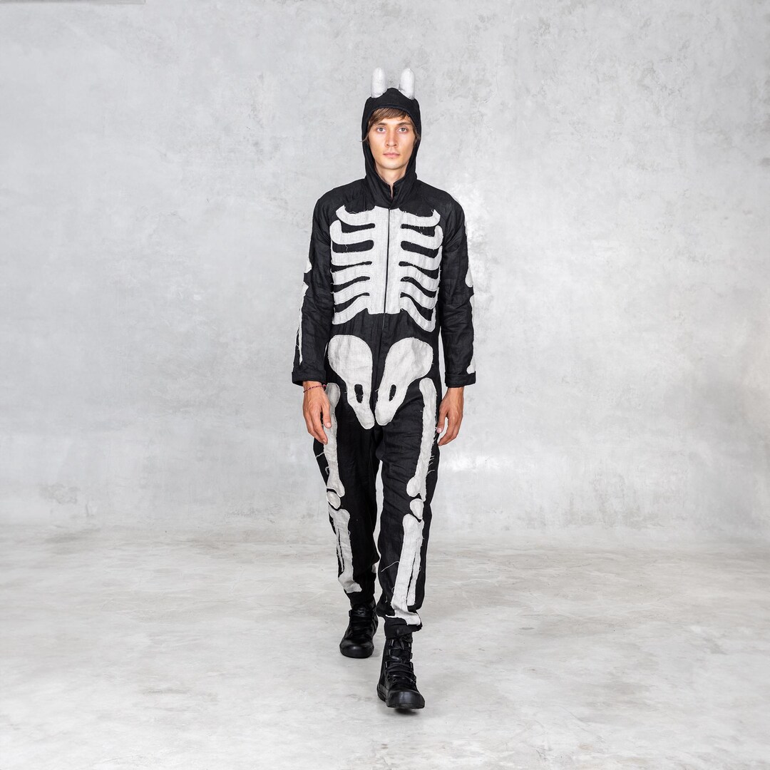 Skeleton Black & White Appliqué Linen Onesie – Handmade Hooded Jumpsuit ...