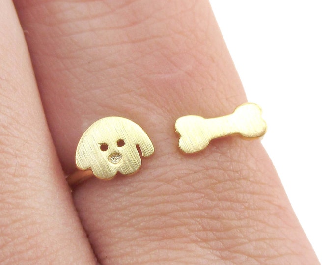 Super Cute Puppy and Dog Bone Adjustable Ring in Gold Handmade Animal ...