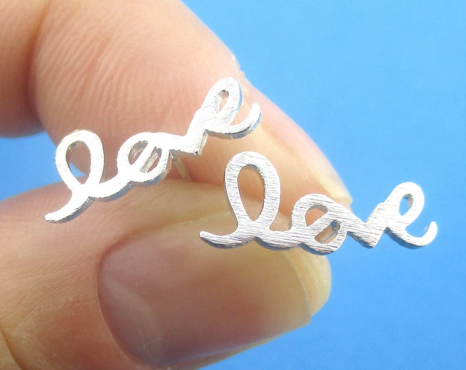 Cursive Hand Written Love Letter Typography Stud Earrings in Gold or Silver Minimal Dainty ...
