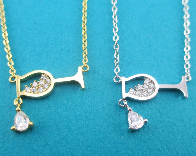 Wine Glass Shaped Rhinestone Pendant Necklace in Silver Rose Gold or ...