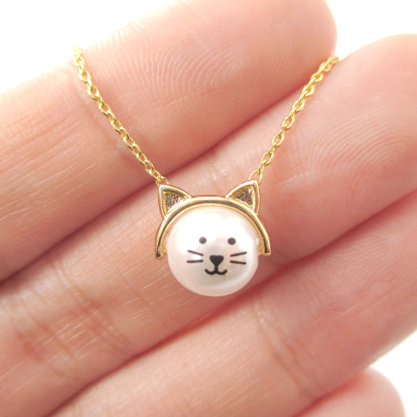 Super Cute Kitty Cat Head Shaped Pearl Pendant Necklace in - Etsy