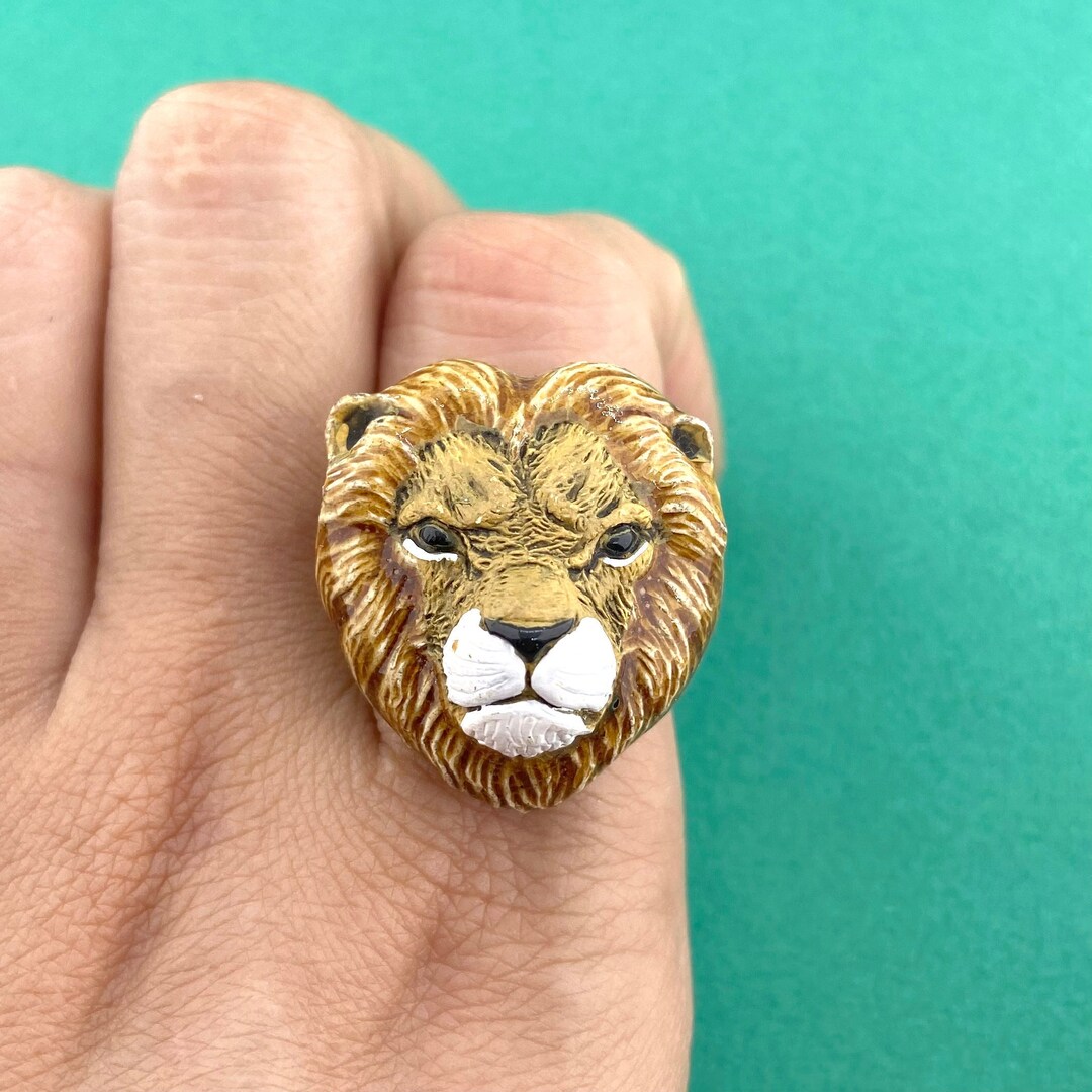 3D Ceramic Hand Painted Fierce Lion Face Shaped Ring in Brass for ...