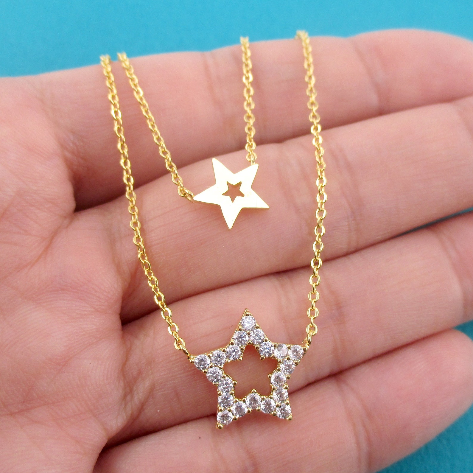 Rhinestone Star Shaped Multi-strand Two Layered Pendant Necklace in ...