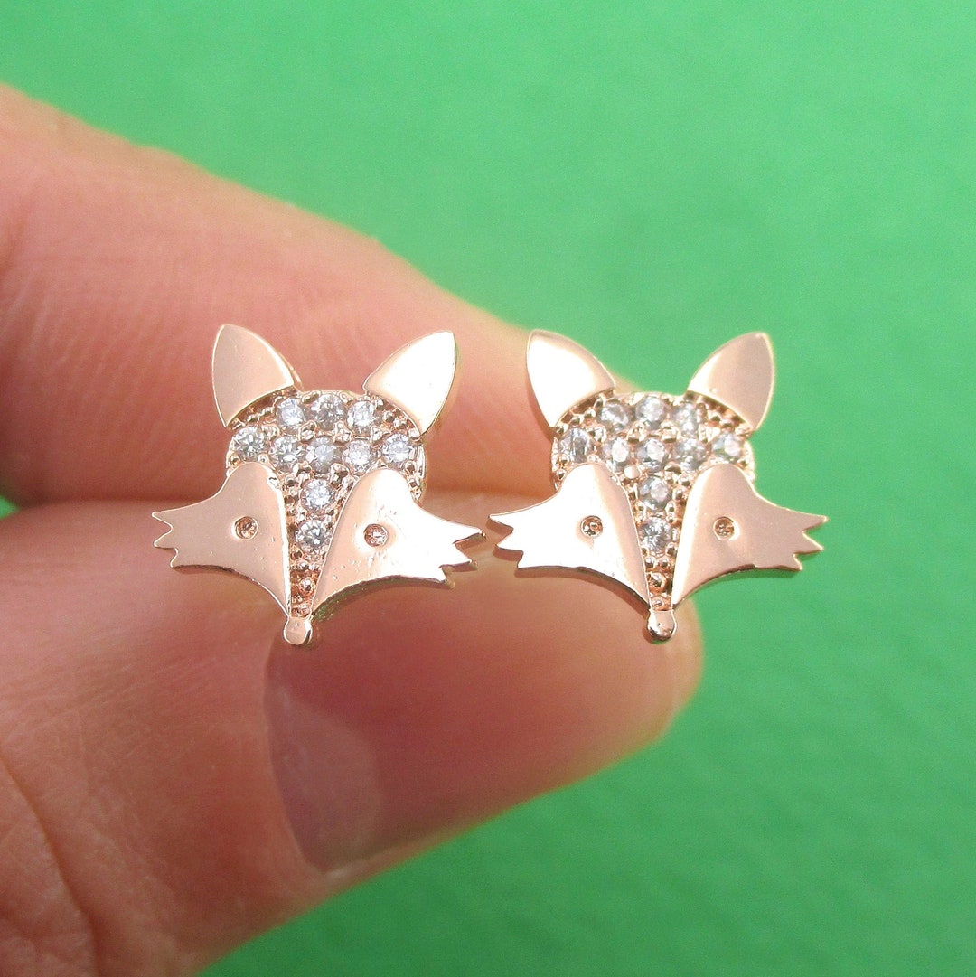 Little Red Fox Face Shaped Rhinestone Sterling Silver Stud Earrings in ...