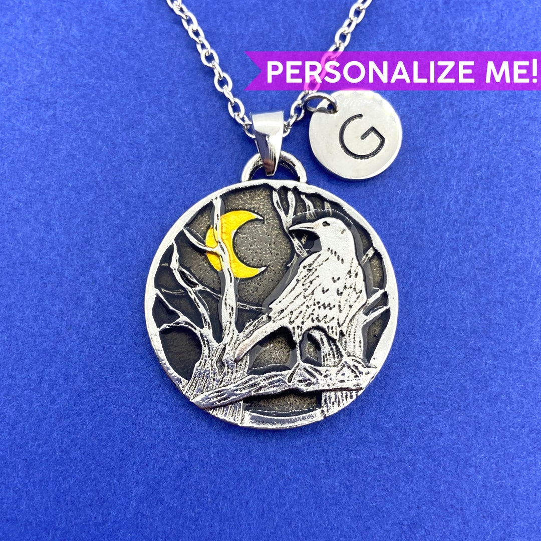 Black Raven Crow Against Starry Night Sky Crescent Moon Round Pendant ...