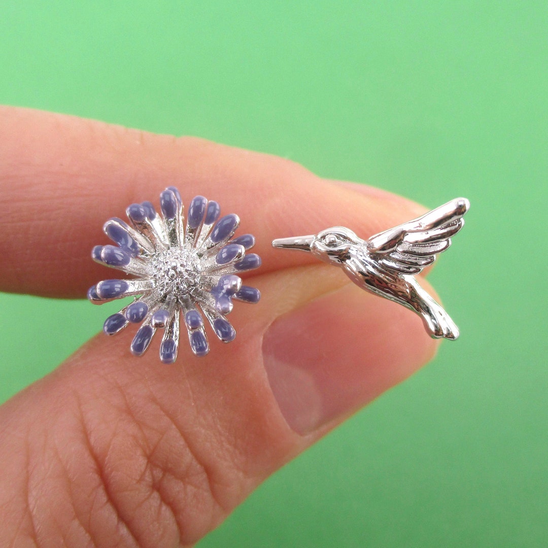 3D Miniature Hummingbird and Flower Shaped Stud Earrings in Silver or ...