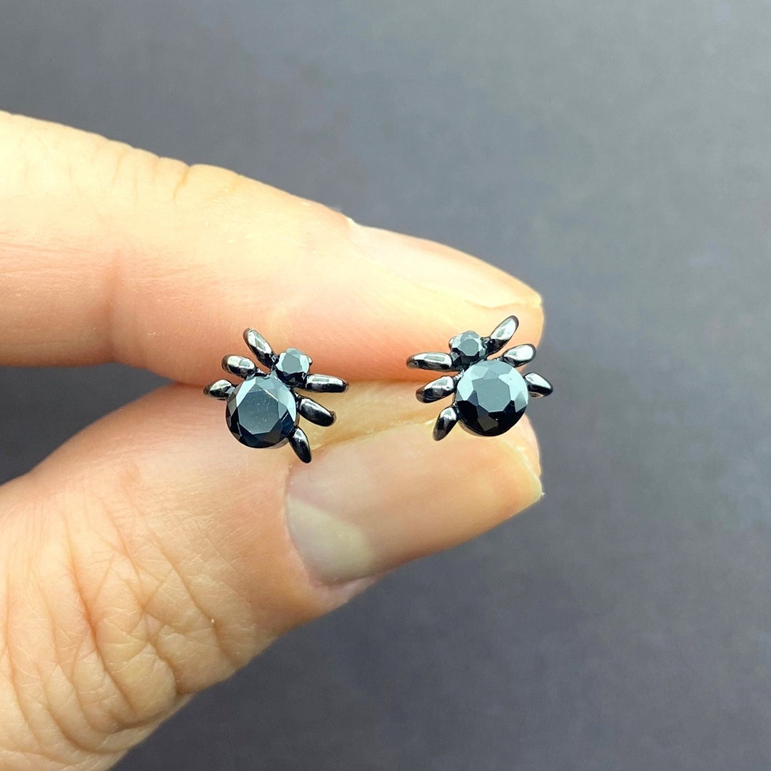 Tiny Tarantula Black Rhinestone Spider Shaped Stud Earrings in .925 ...
