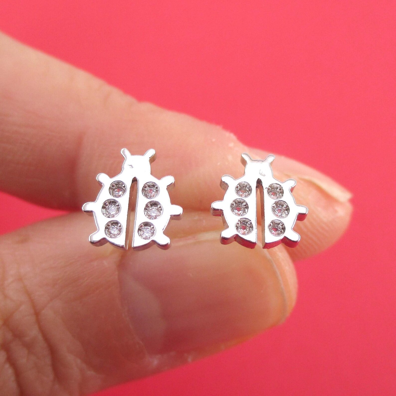 Little Ladybug Ladybird Beetle Insect Shaped Rhinestone Stud Earrings ...