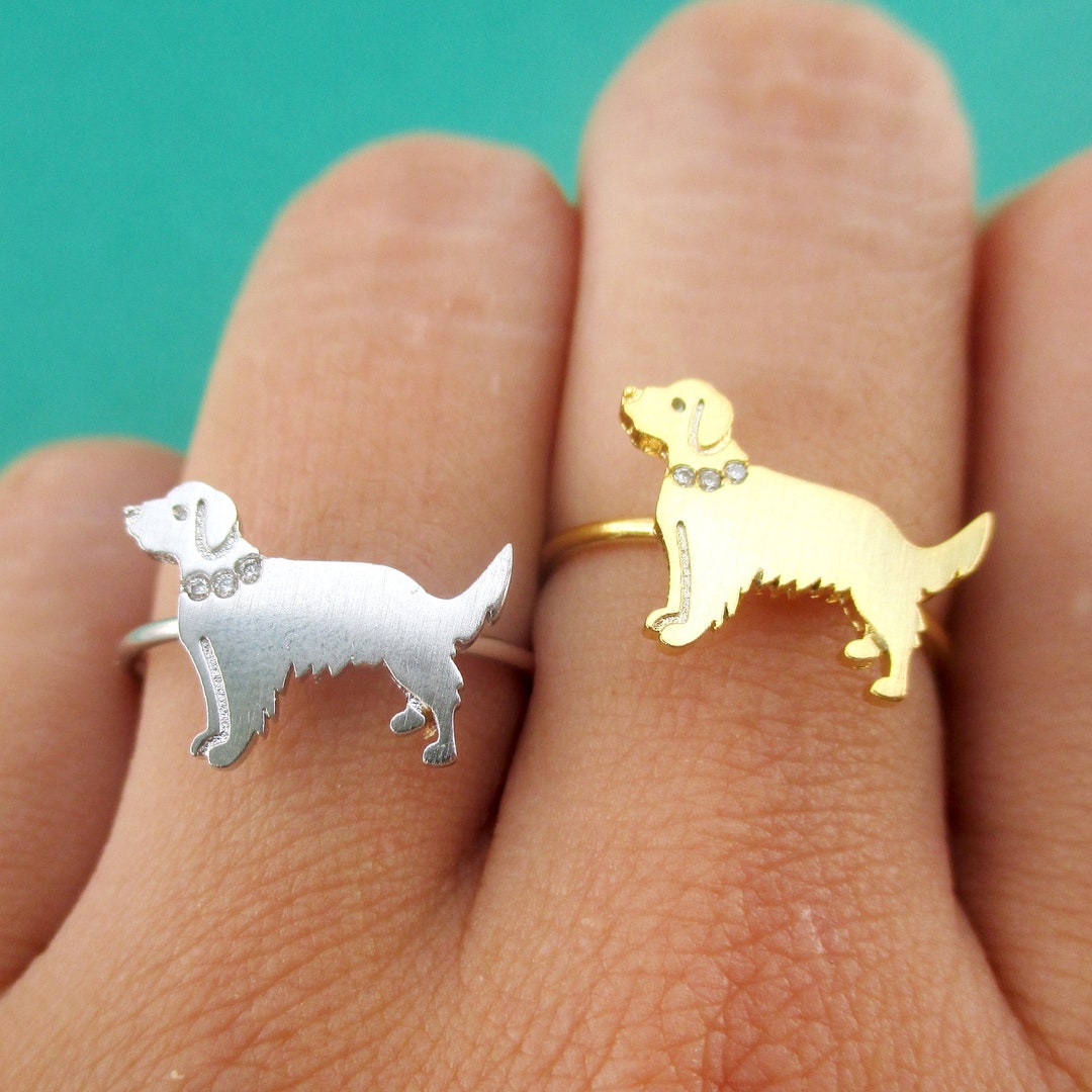 Golden Retriever Dog With Rhinestone Collar Shaped Adjustable Ring in ...