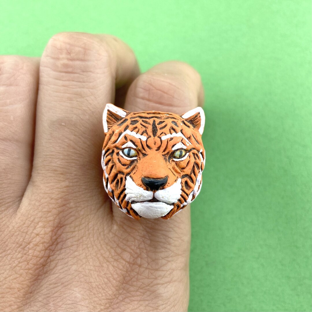3D Ceramic Hand Painted Bengal Tiger Face Shaped Adjustable Ring in ...
