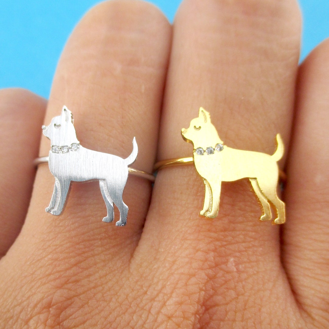 Chihuahua Dog With Rhinestone Collar Shaped Adjustable Ring in Silver ...