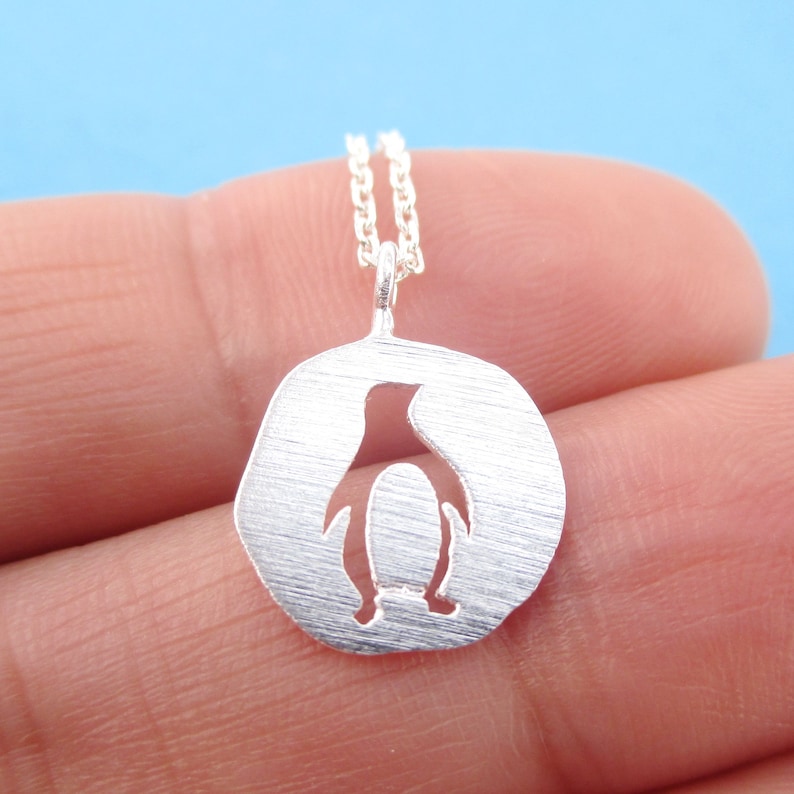 Emperor Penguin Cut Out Shaped Round Pendant Necklace in Silver or Gold ...