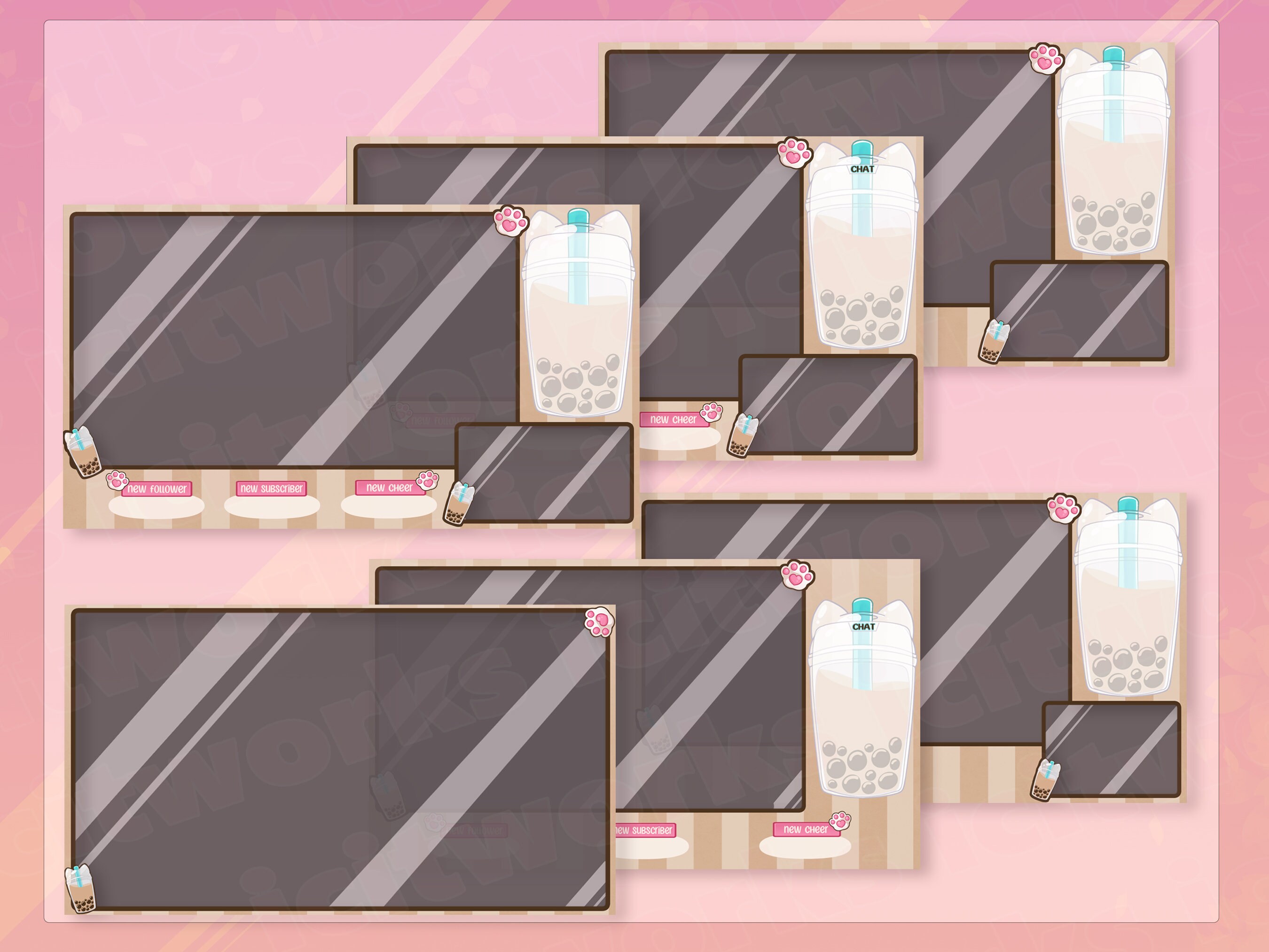 Twitch Stream Package Animated Assets Boba Cat Kawaii Layout - Etsy