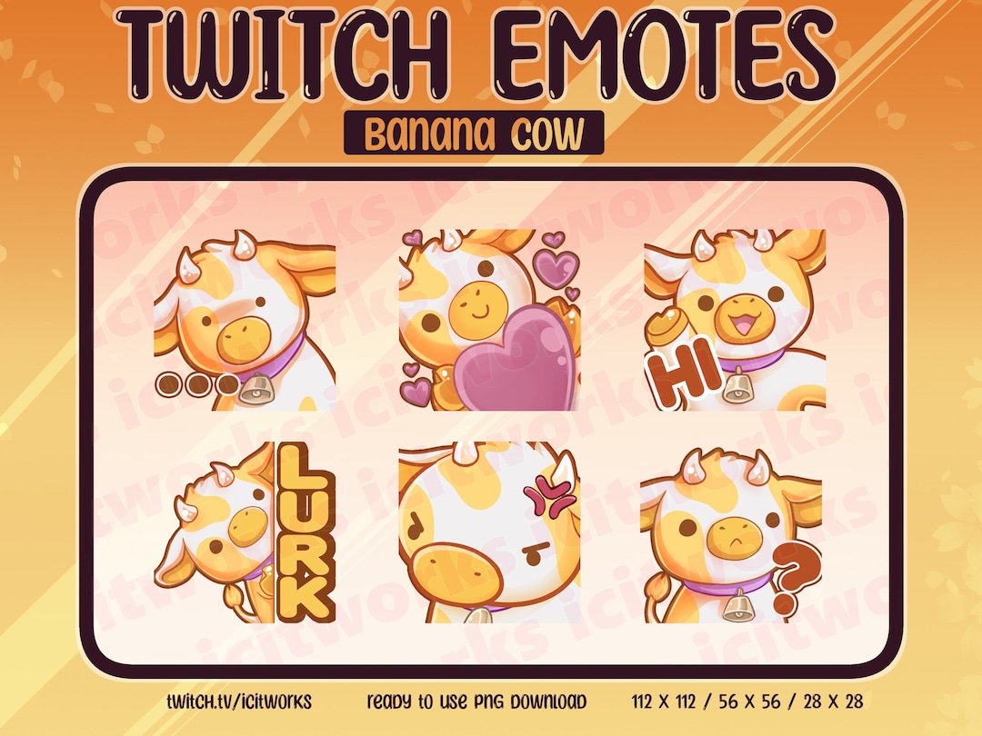 Banana Cow Kawaii Twitch Emotes Set of 6 Yellow Pastel Dairy Cows ...