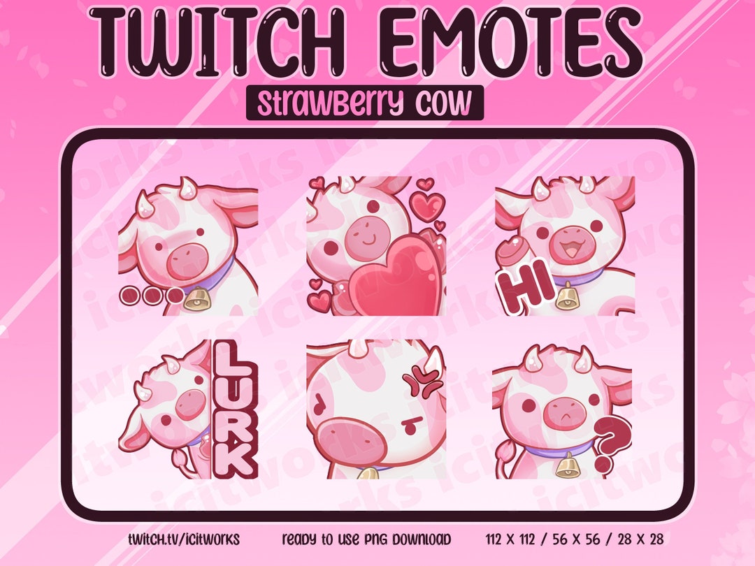 Strawberry Cow Kawaii Twitch Emotes Set of 6 Pink Pastel Dairy Cows ...