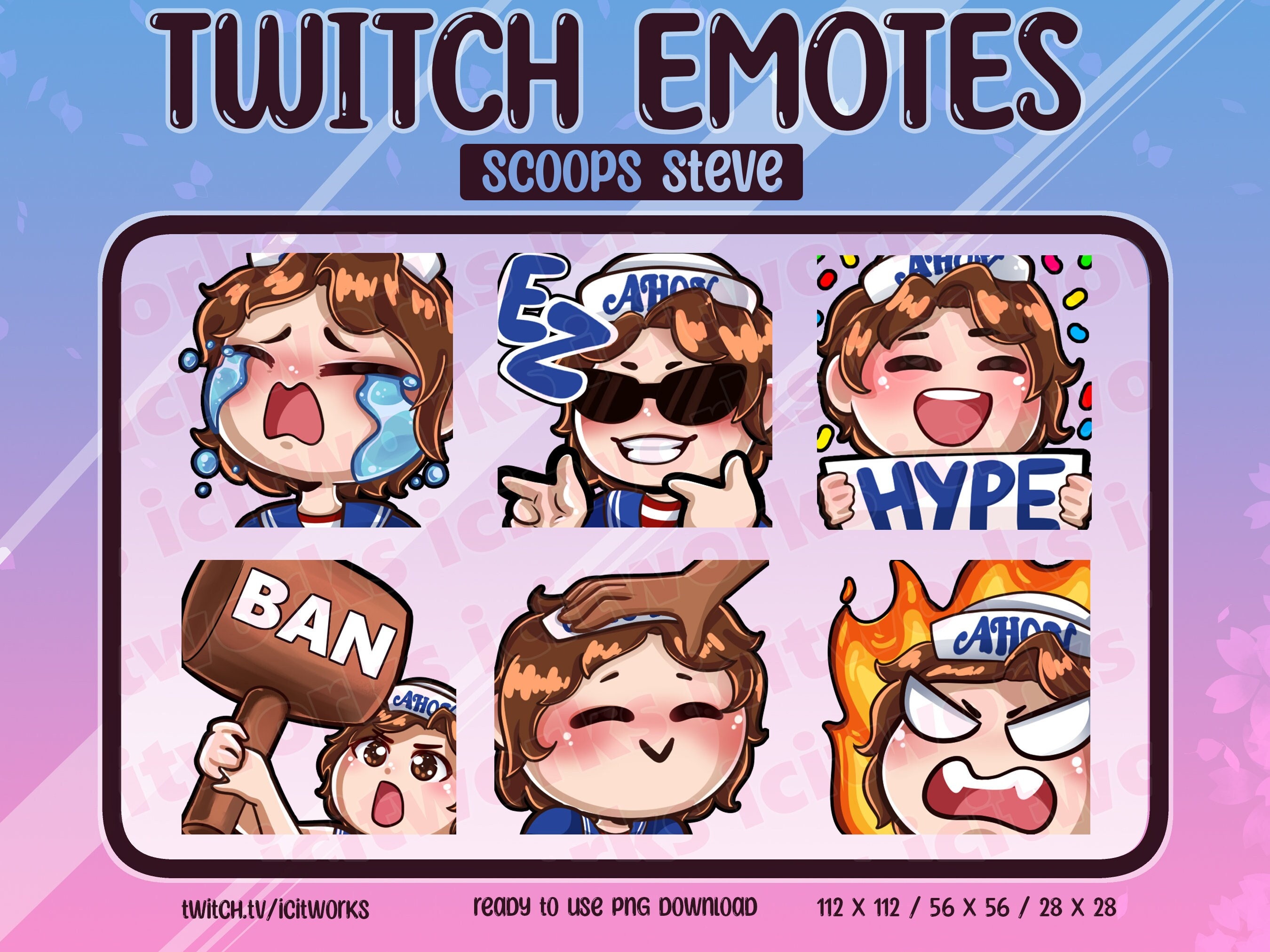 Steve Harrington Chibi Cute Twitch Emotes Set of 6 Scoops Ahoy Skin Set ...