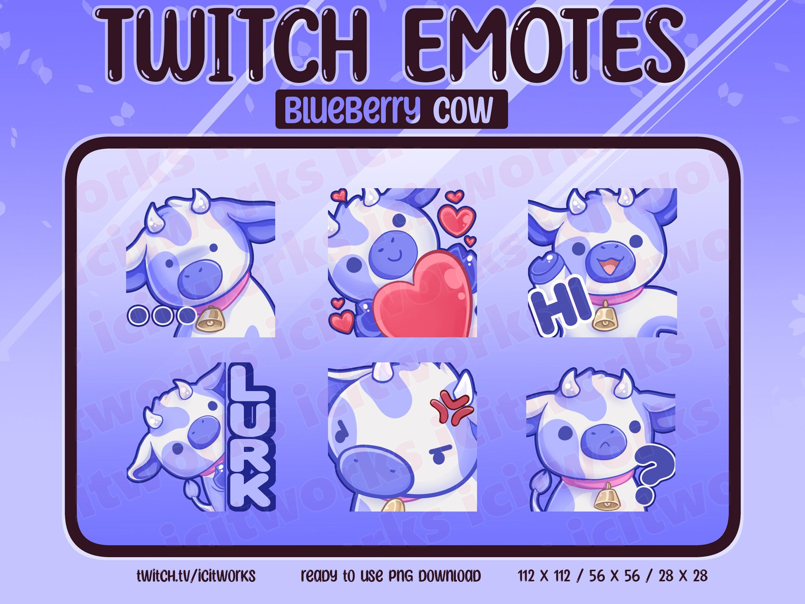 Blueberry Cow Kawaii Twitch Emotes Set of 6 Blue Pastel Dairy Cows ...