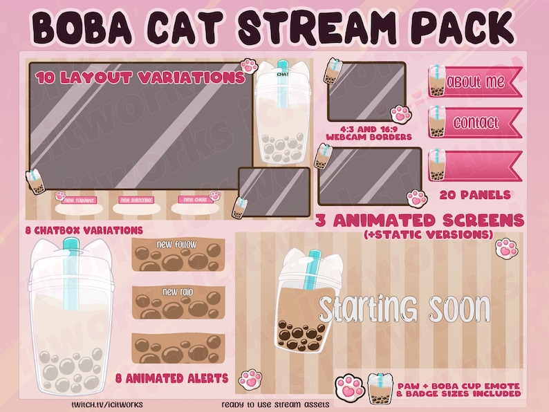 Twitch Stream Package Animated Assets Boba Cat Kawaii Layout - Etsy