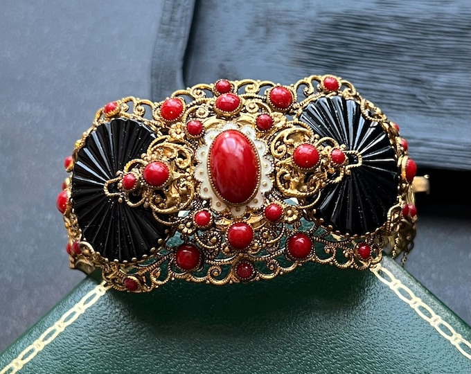 1920s Czech Neiger Black Red Art Deco Glass White Enamel Filigree ...