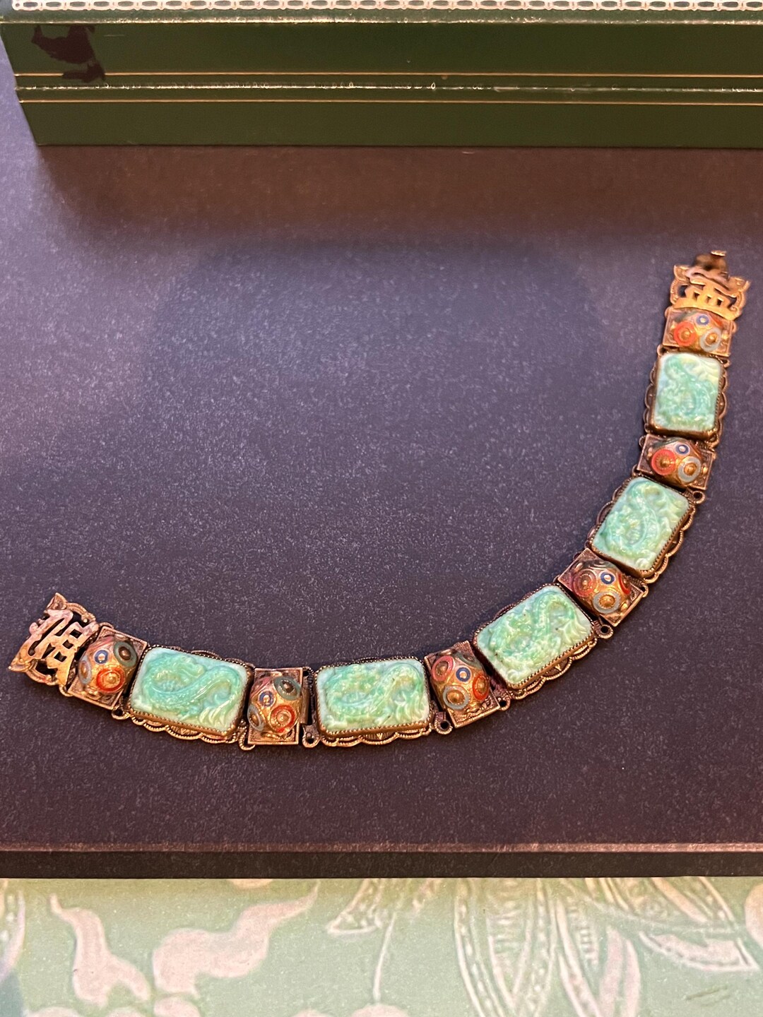 1920s Czech Neiger Peking Glass Green Dragon Theme Enamel Oriental ...