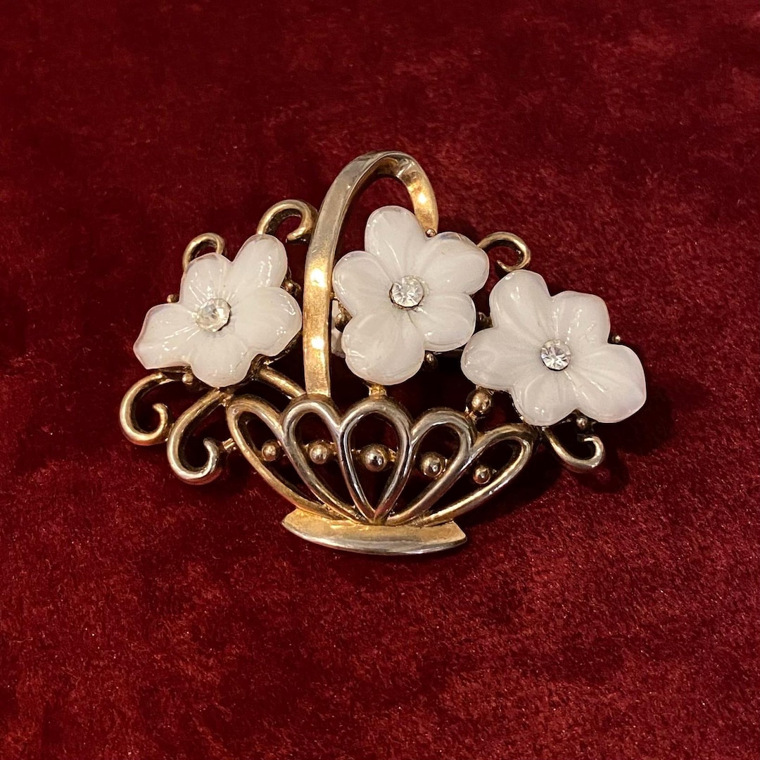 Trifari Vintage Filigree White Enamel Flowers Basket Brooch - Etsy