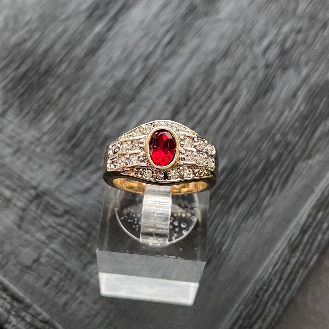 Vintage Ring US 5 Red Oval Glass White Rhinestone Cocktail Ring Shape ...