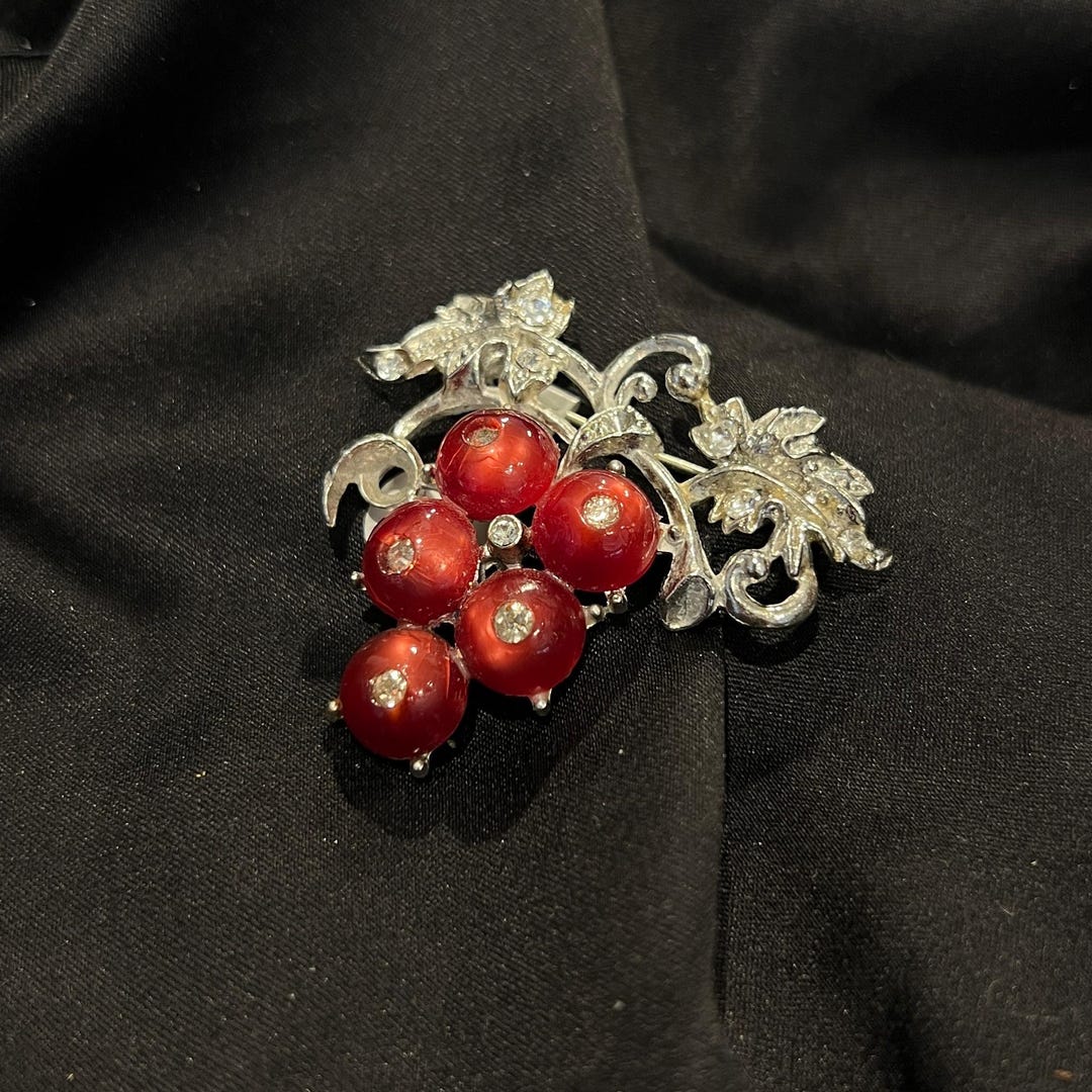 Vintage Coro Signed Silver-plated Metal, Red Resin & White Clear ...