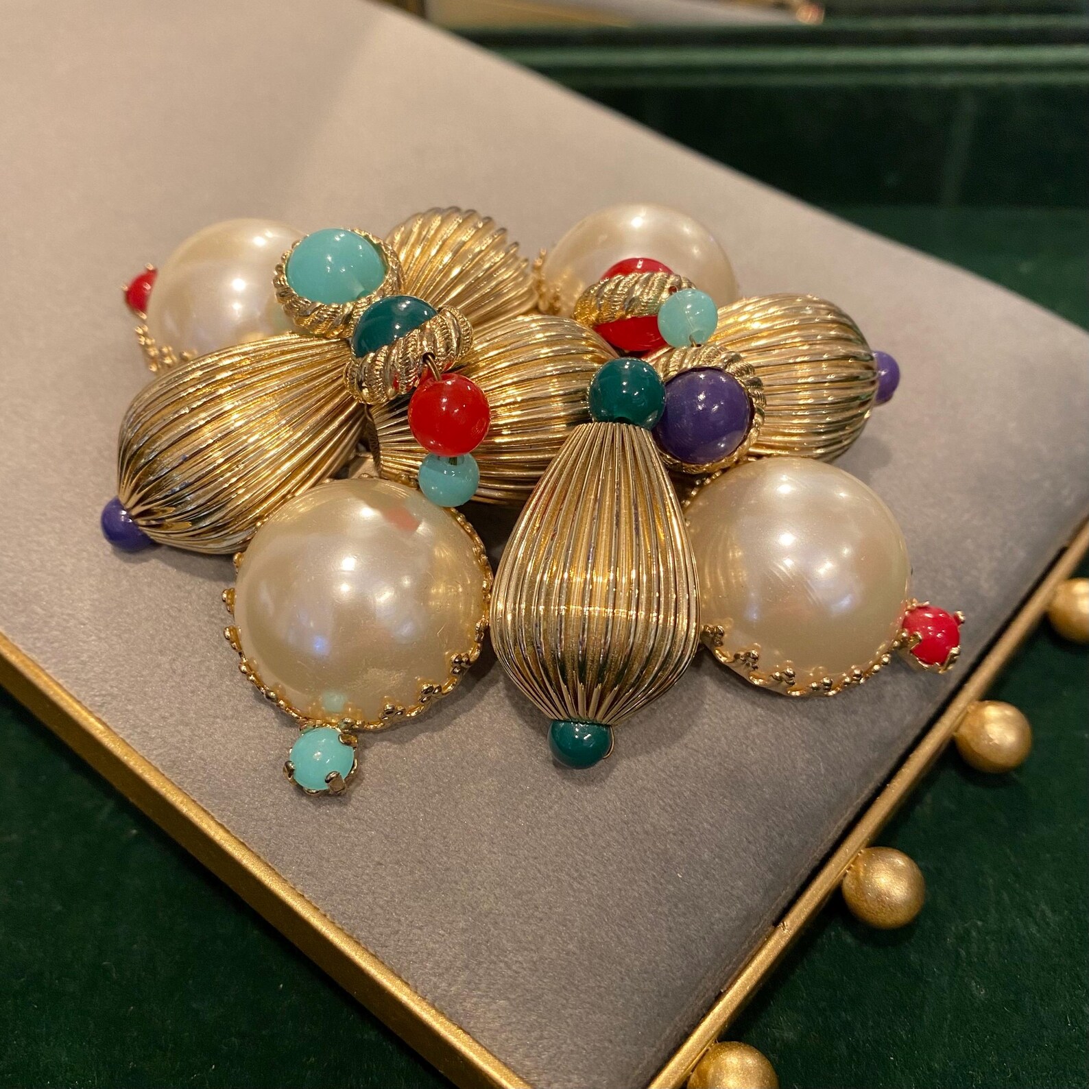 Vintage Scaasi Signed Brooch Gold-plated Faux Pearl and Multicolour ...