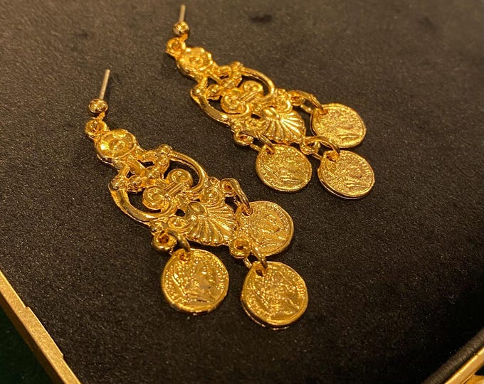 Vintage Gold-plated Coin Head Shape Drop Pierced Earrings - Etsy