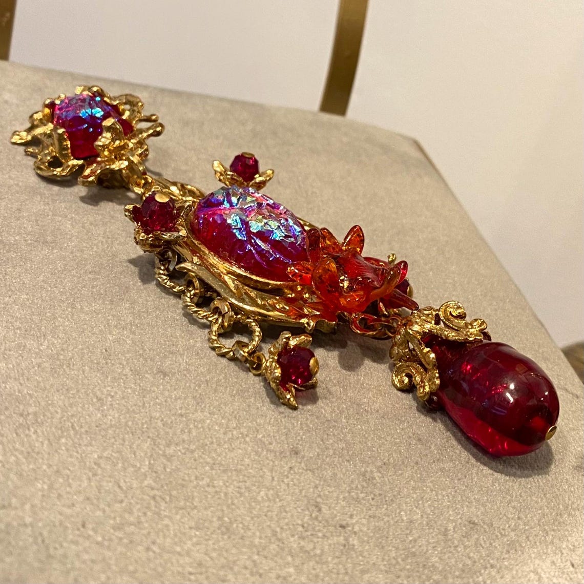 Vintage Gavilane Paris Signed Oval Magenta Pink Glass Stone Drop Clip ...