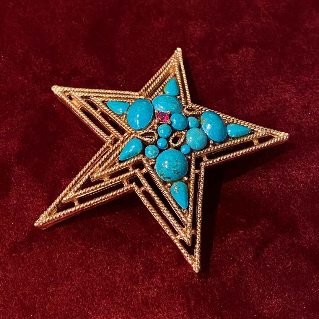 Vintage Gold Plated Star Brooch, Turquoise & Crystal - Etsy