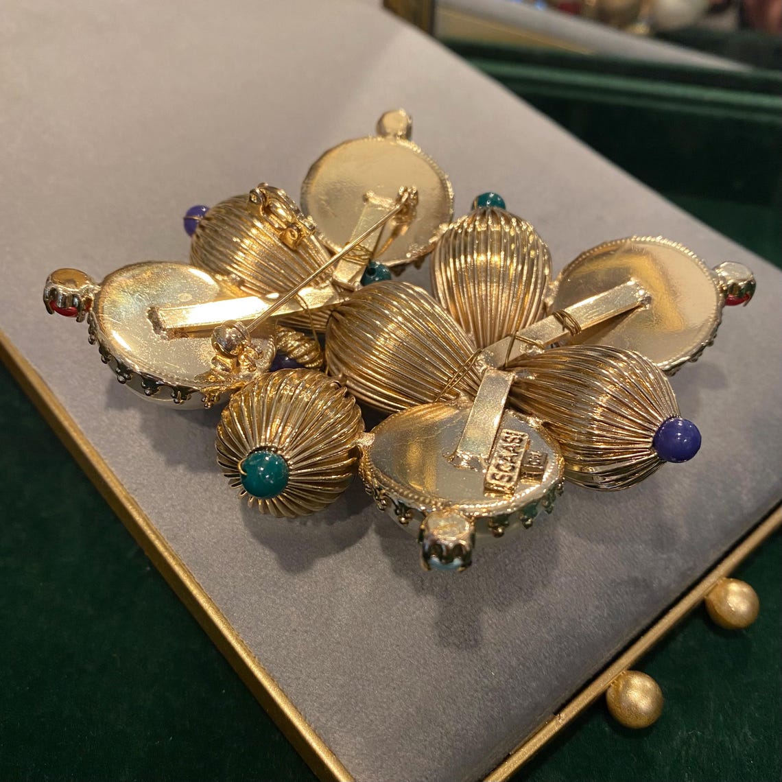 Vintage Scaasi Signed Brooch Gold-plated Faux Pearl and Multicolour ...