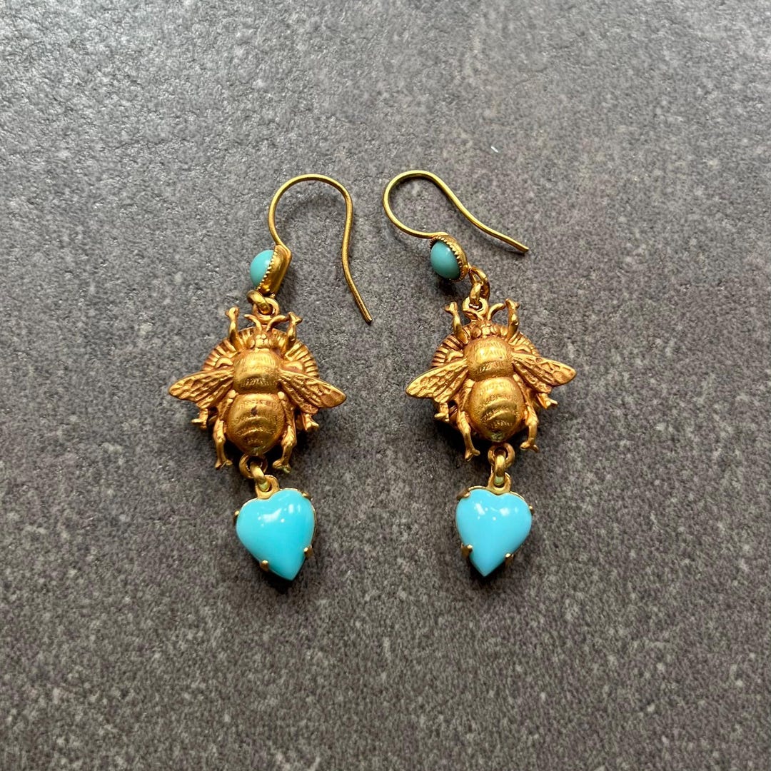 Askew London Bee Design Turquoise Blue Stones Drop Pierced Earrings - Etsy