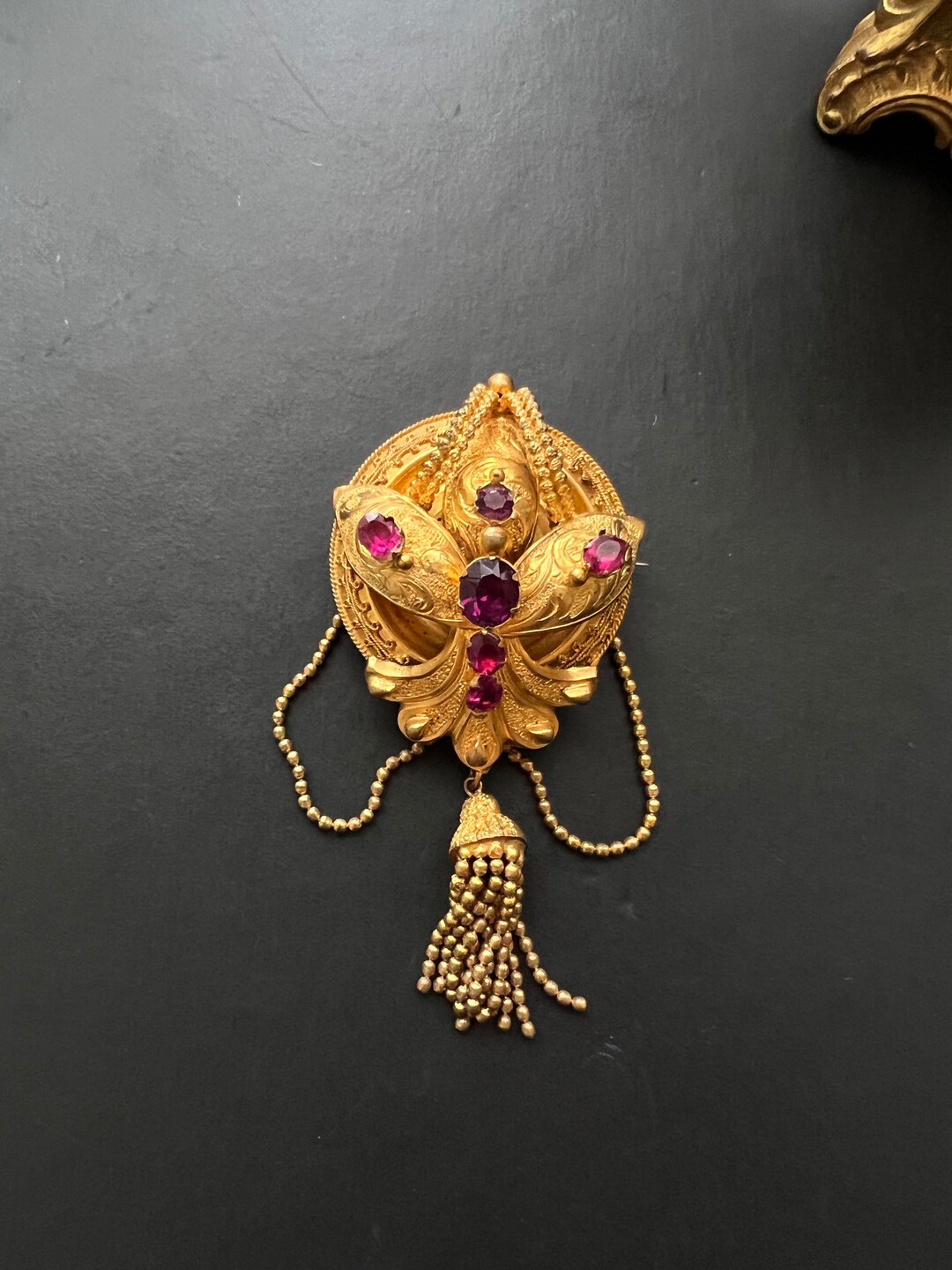 Victorian Pinchbeck Brooch With Tassel Pendant, Magenta Manmade ...