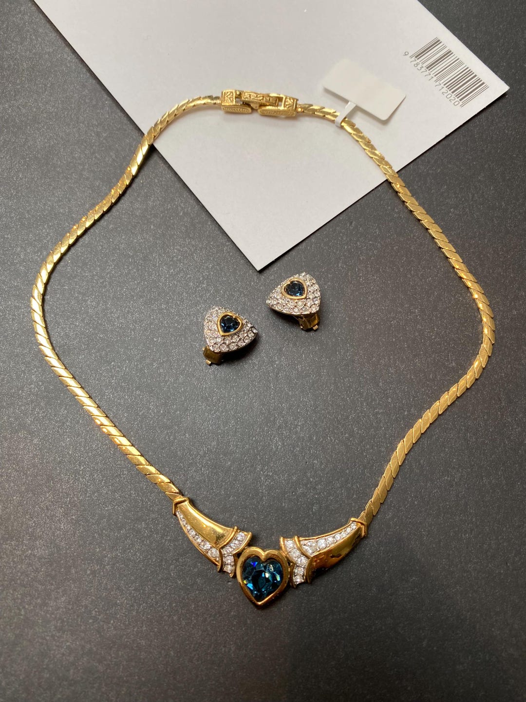 1980s Vintage Attwood Sawyer Heart Design Rhinestones Blue Glass Gold ...
