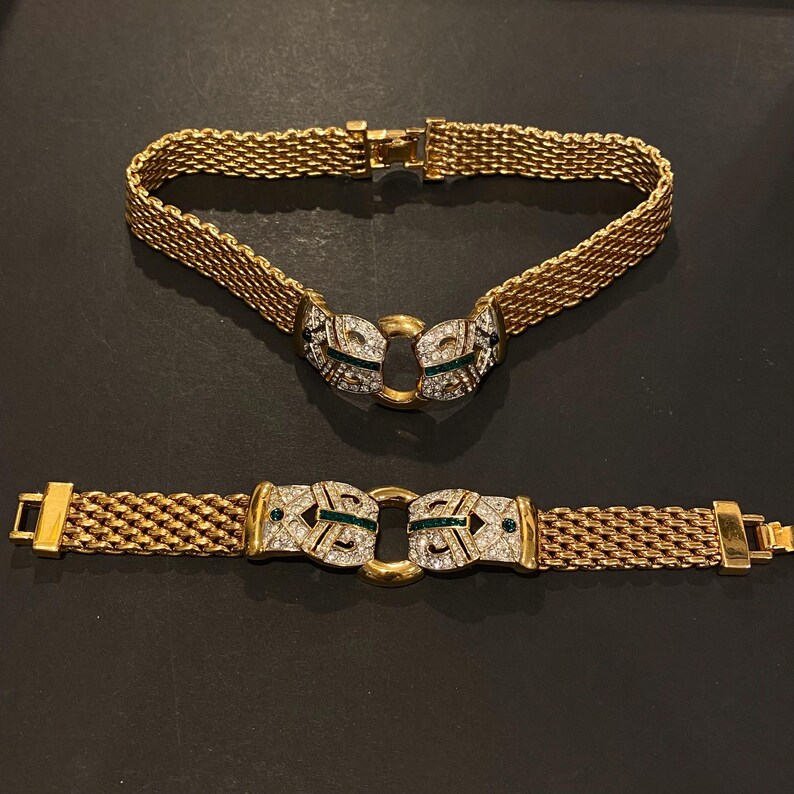 Vintage Golden Metal With Emerald Green & Crystal Rhinestone Set Chain ...