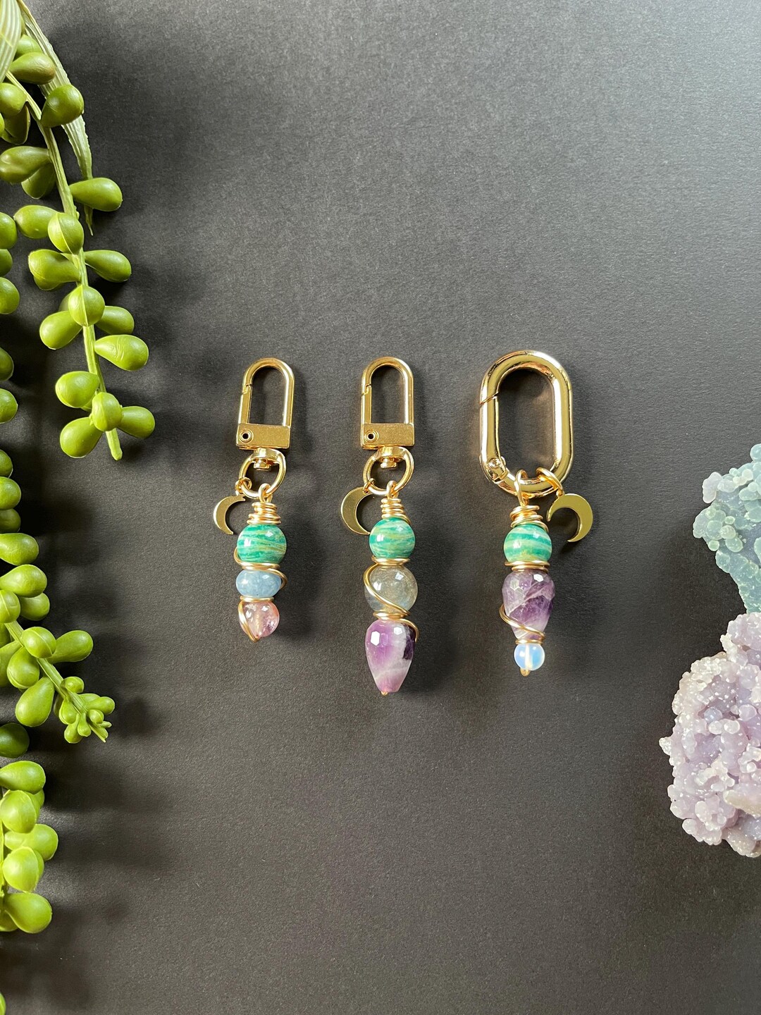 Gold Wire Wrapped Gemstone Keychain: Amazonite, Amethyst, Labradorite ...