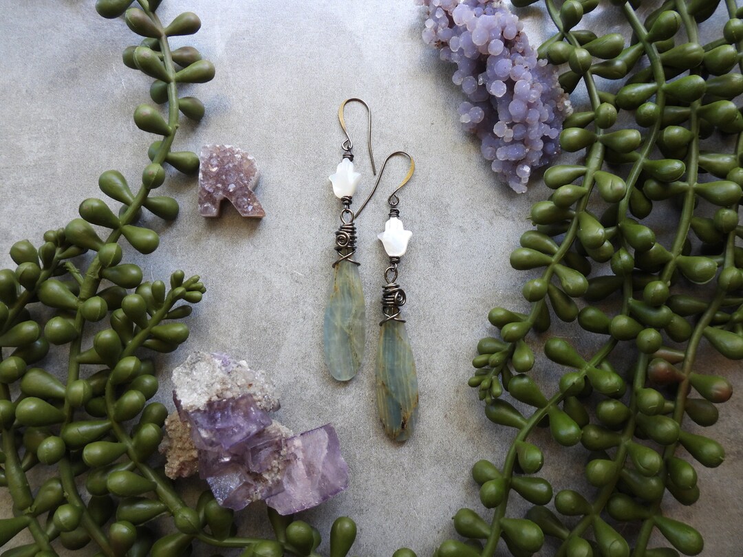 Blue Calcite & Mother of Pearl Hamsa Earrings Blue Calcite Earrings ...