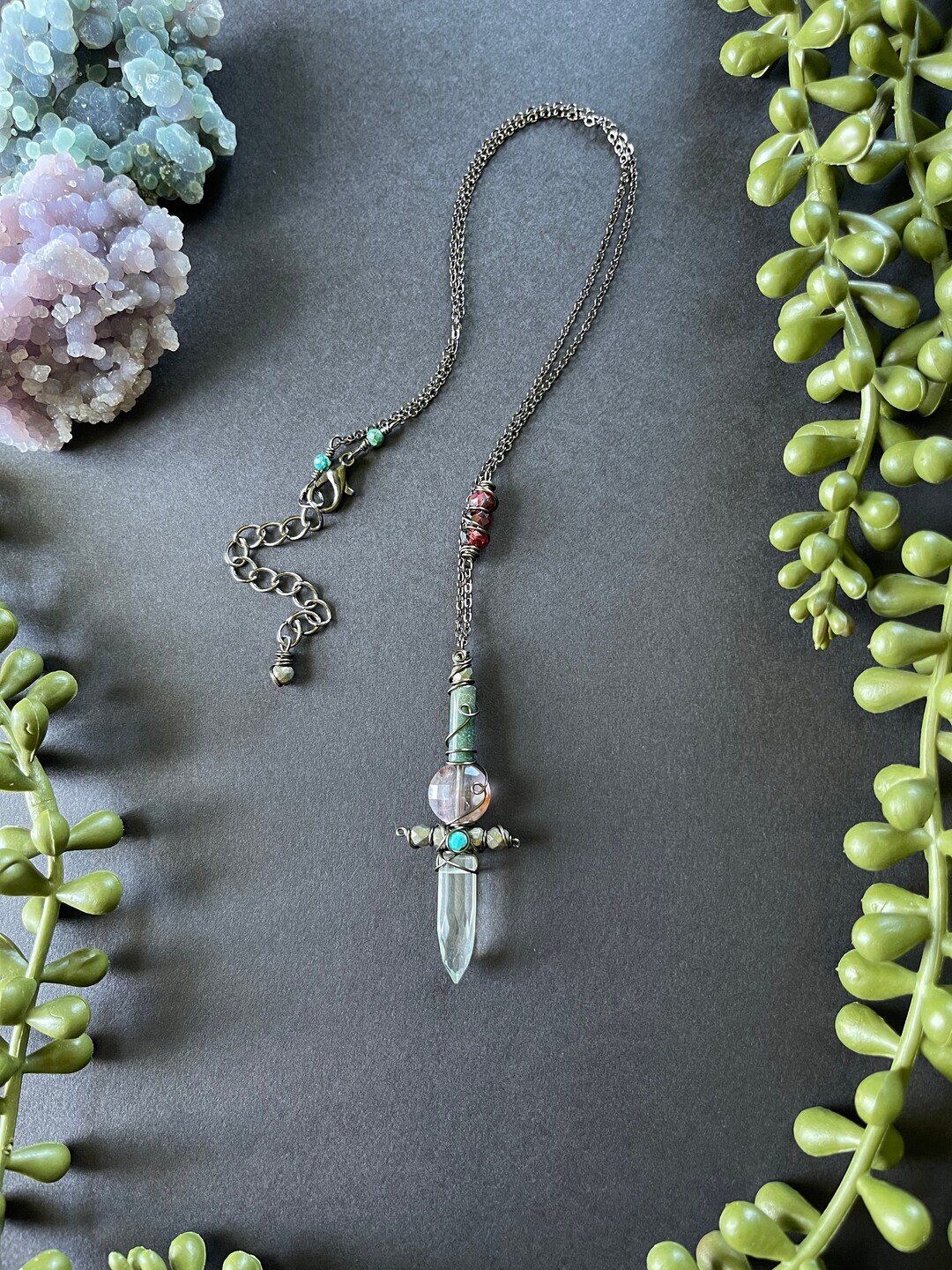 Short Wire Wrapped Crystal Sword Necklace With Clear Quartz, Amethyst ...