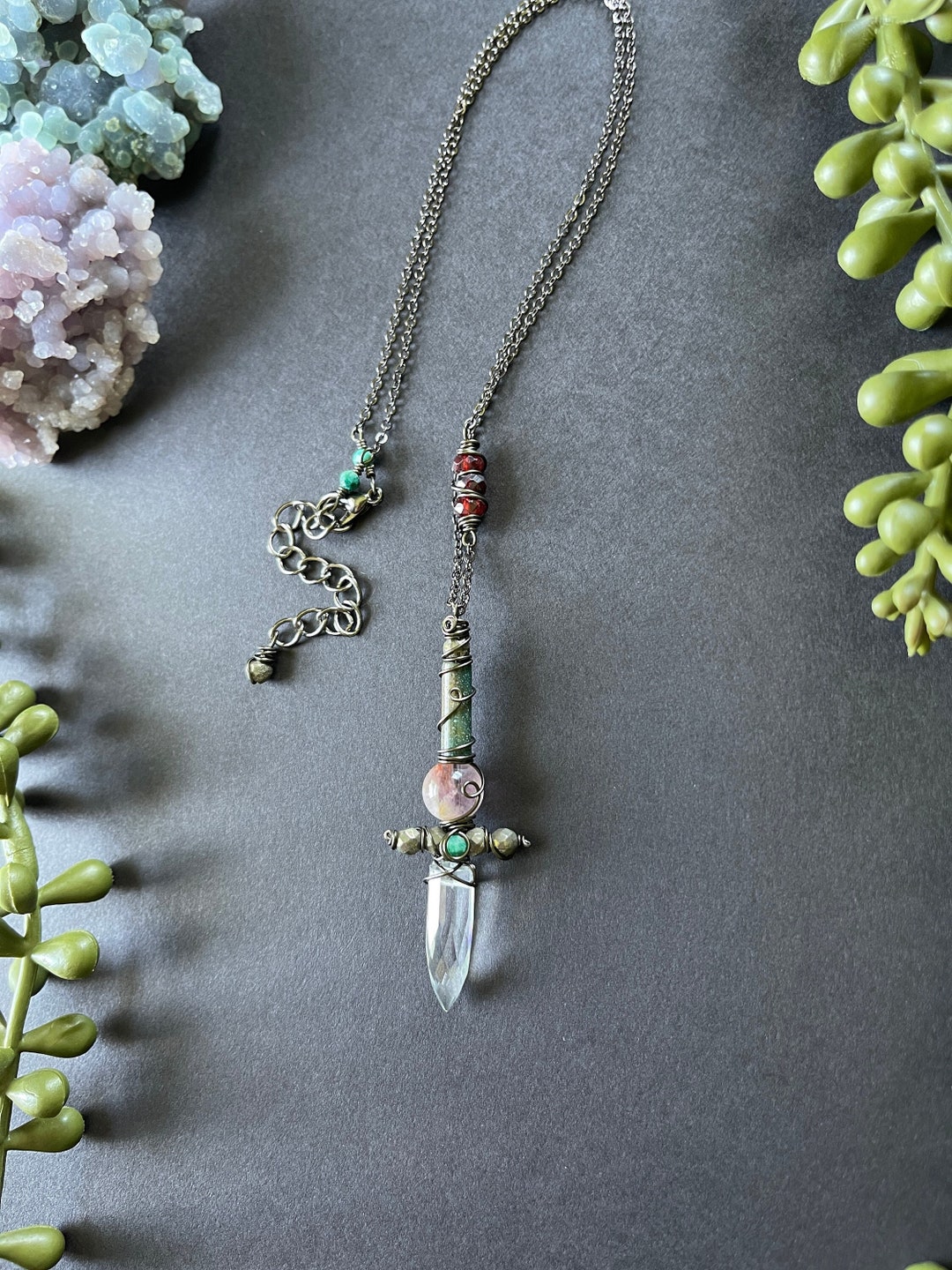 Short Wire Wrapped Crystal Sword Necklace With Clear Quartz, Amethyst ...