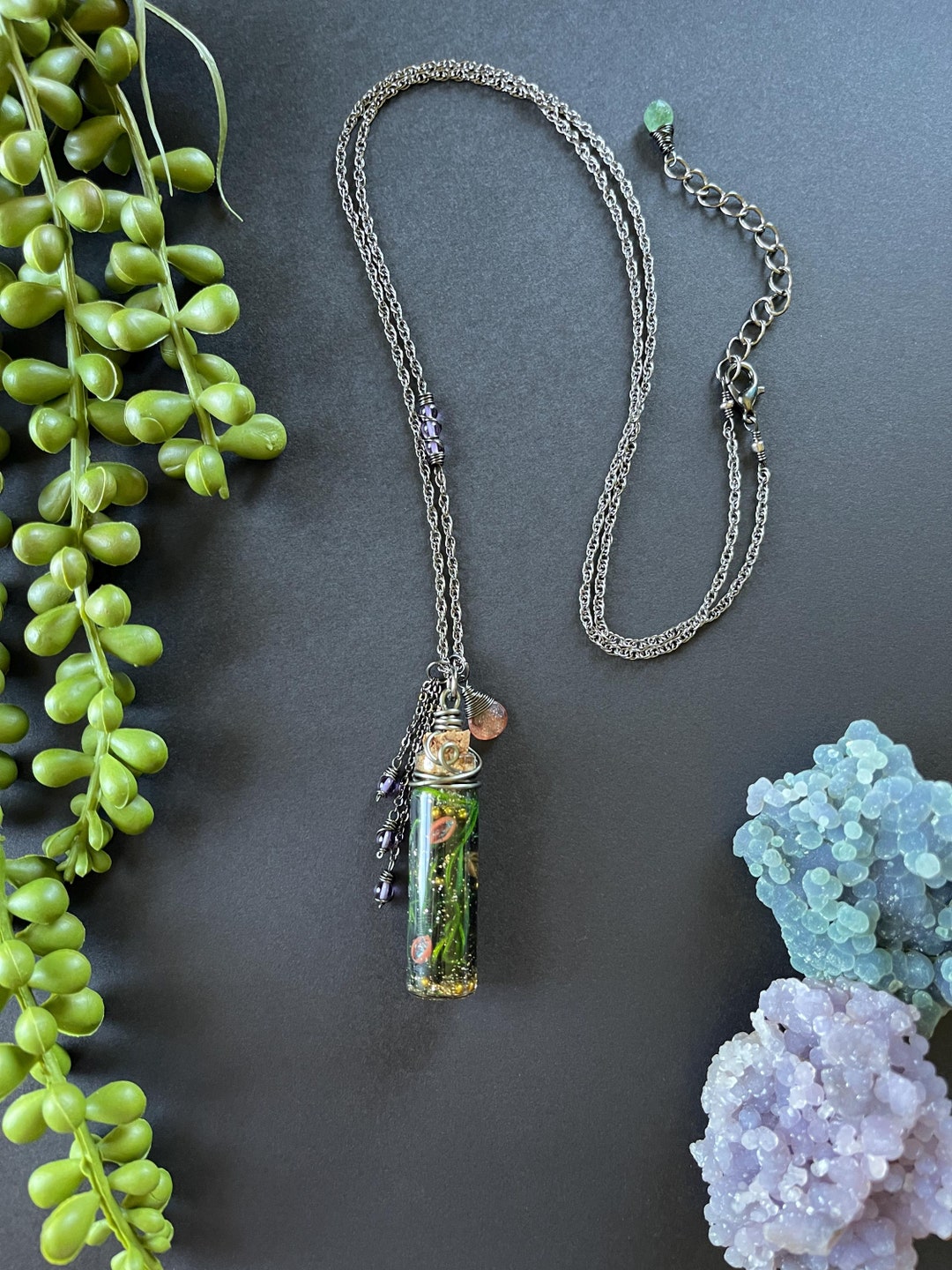 Long Potion Necklace With Sunstone and Amethyst - Potion Necklace ...
