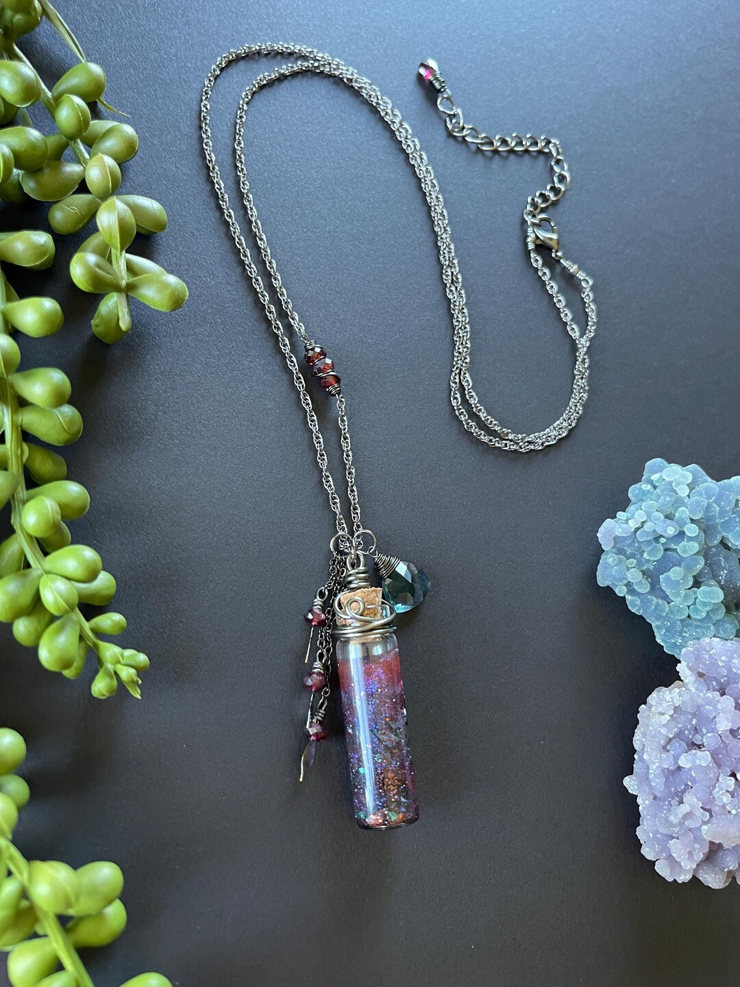Long Potion Bottle Necklace With Red Garnet and Amethyst - Potion ...